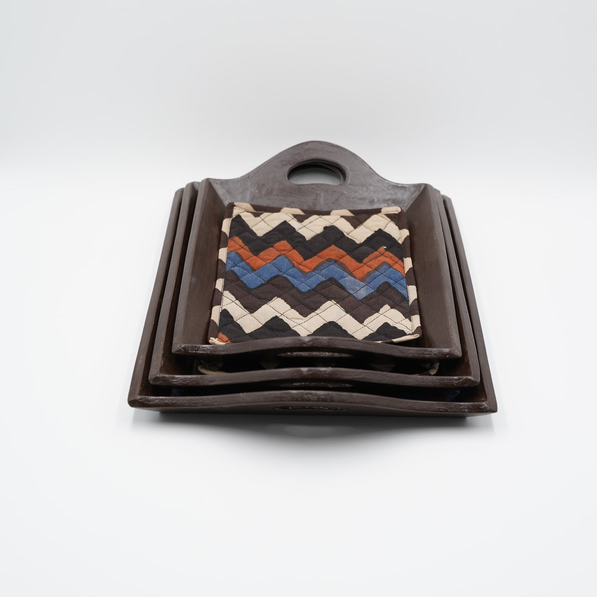 Dark Brown Wooden Tray Set - Set of 3 - Slanted Handles – Tilonia Bazaar